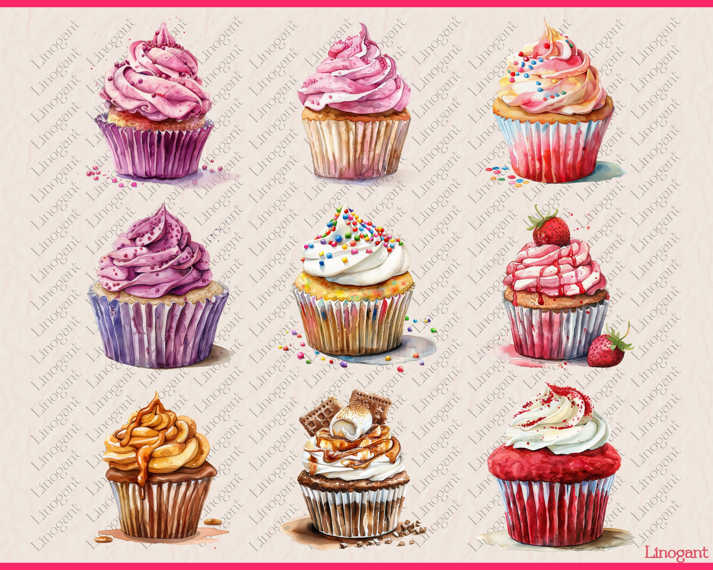 Watercolor Cupcake Clipart Bundle, Cupcakes Clip Art Set, Dessert PNG ...