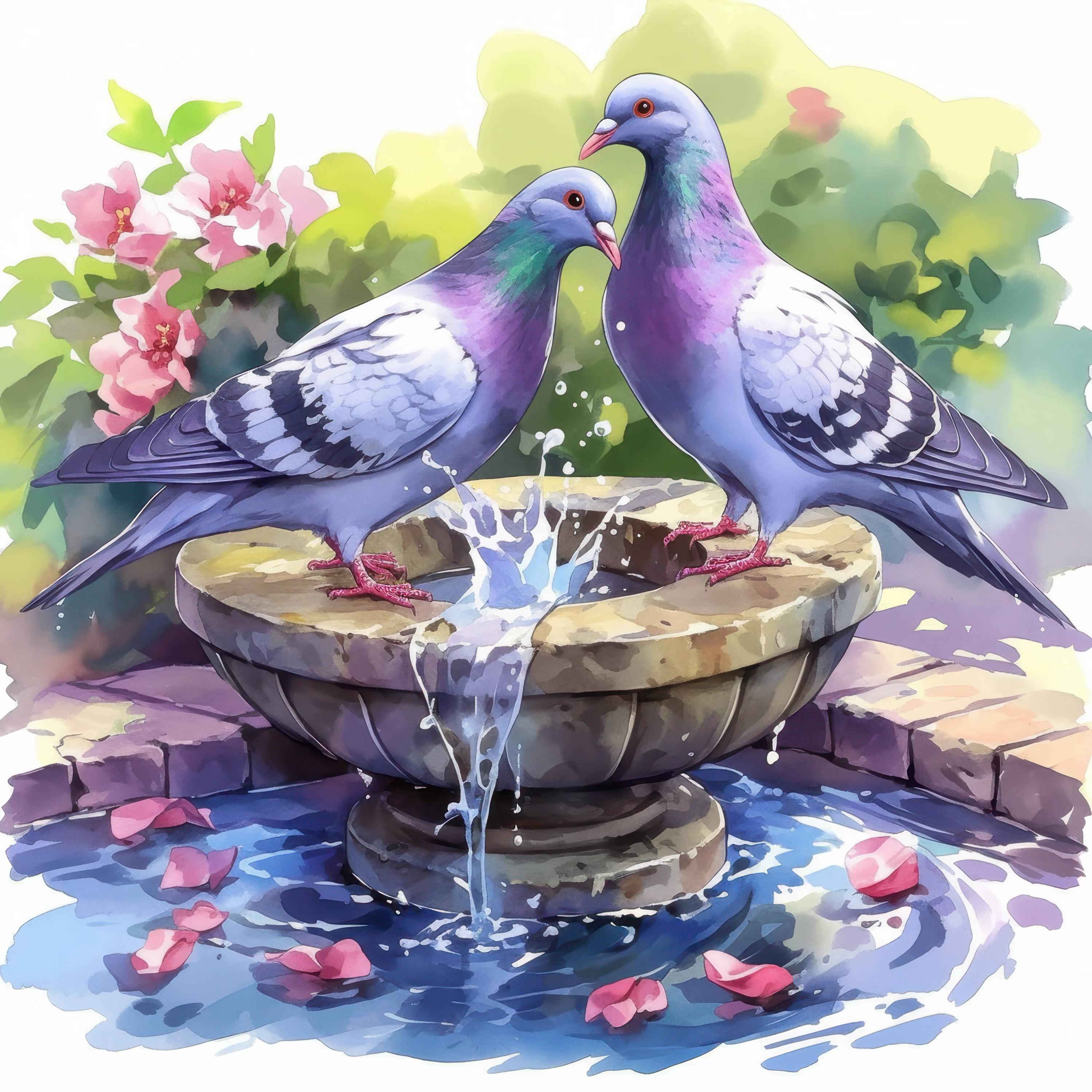 12 Pigeons Bathing in Fountain Clipart Bundle, Whimsical Bird ...