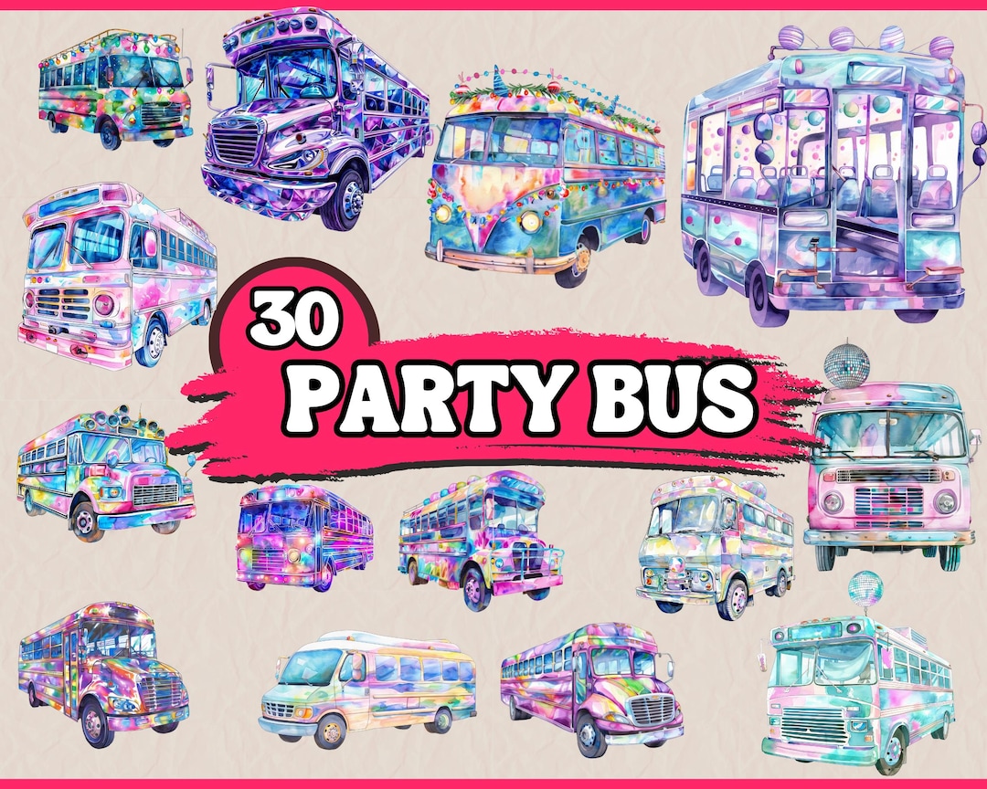 30 PNG Watercolor Party Bus Clipart, Rainbow Shiny Bus Clipart With ...