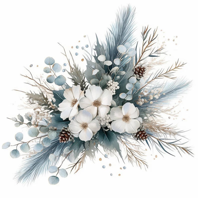 12 Icy Season Floral Arrangement Watercolor Clipart, Elegant Bouquet ...