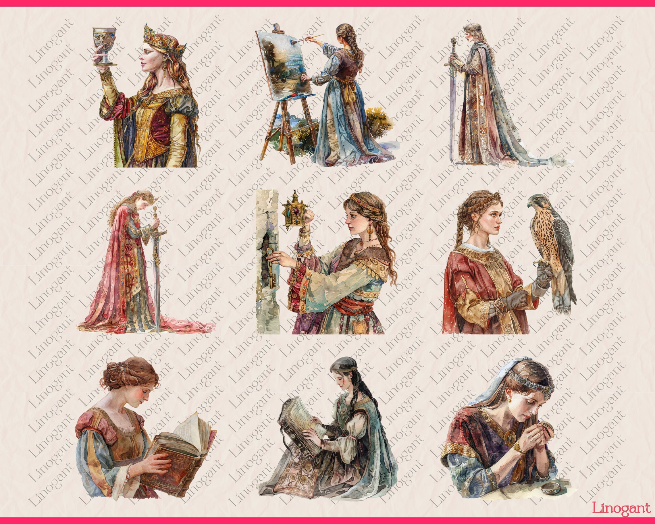 Watercolor Medieval Queen Clipart Bundle, Fantasy Middle Age Clip Art ...