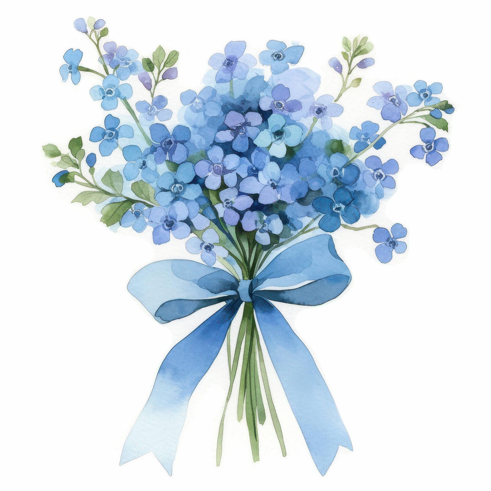 12 Forget Me Not Flower Bunch Watercolor Clipart, Blue Bow Illustration ...