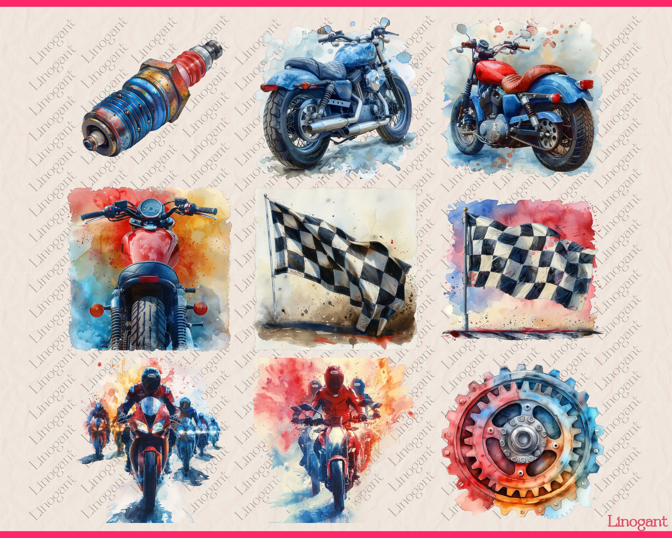 Watercolor Racing Motorcycles Clipart Bundle, Motor Racing Clip Art Set ...