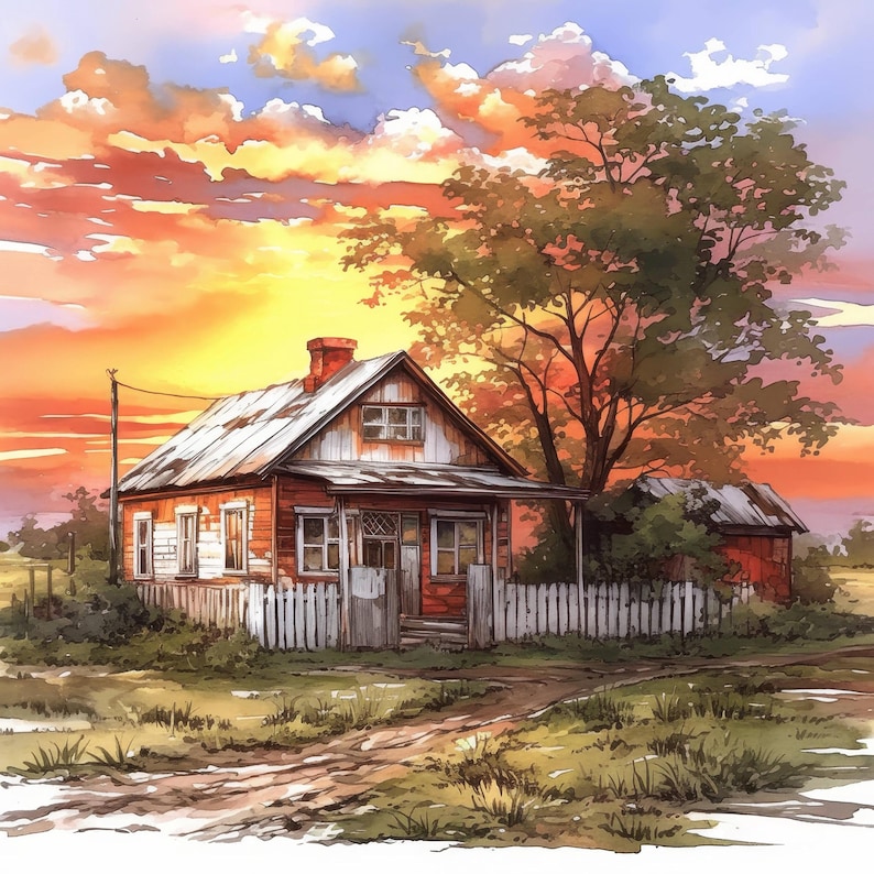 12 Farmyard at Sunrise Clipart, Rustic Morning Scene Illustration ...