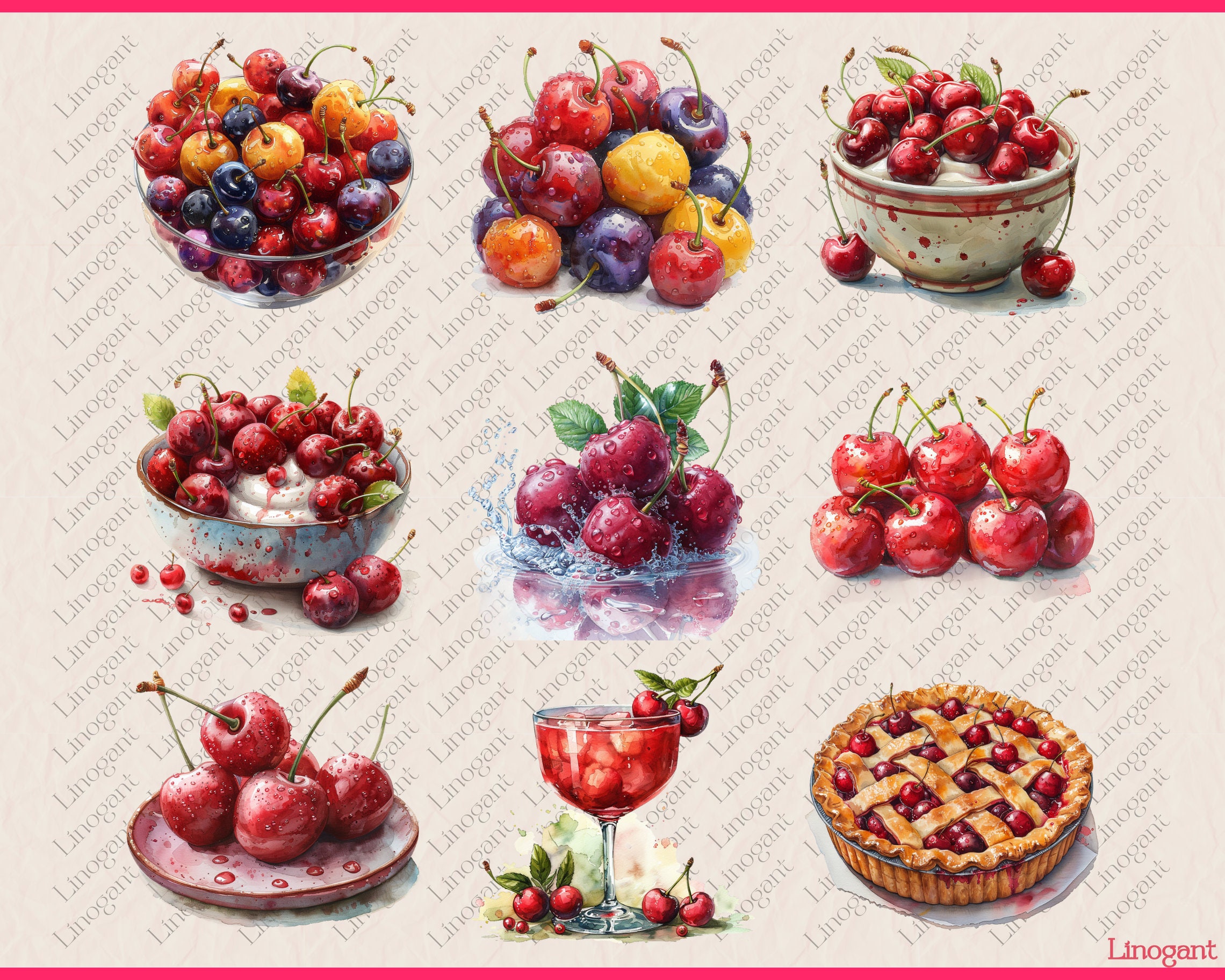 Watercolor Cherry Clipart Bundle, Fruits Clip Art Set, Cherry Cheese ...