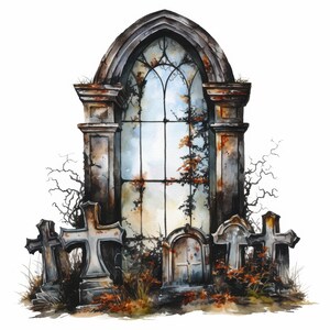 11 Cemetery Window Clipart Bundle, Spooky View Scene Illustration ...