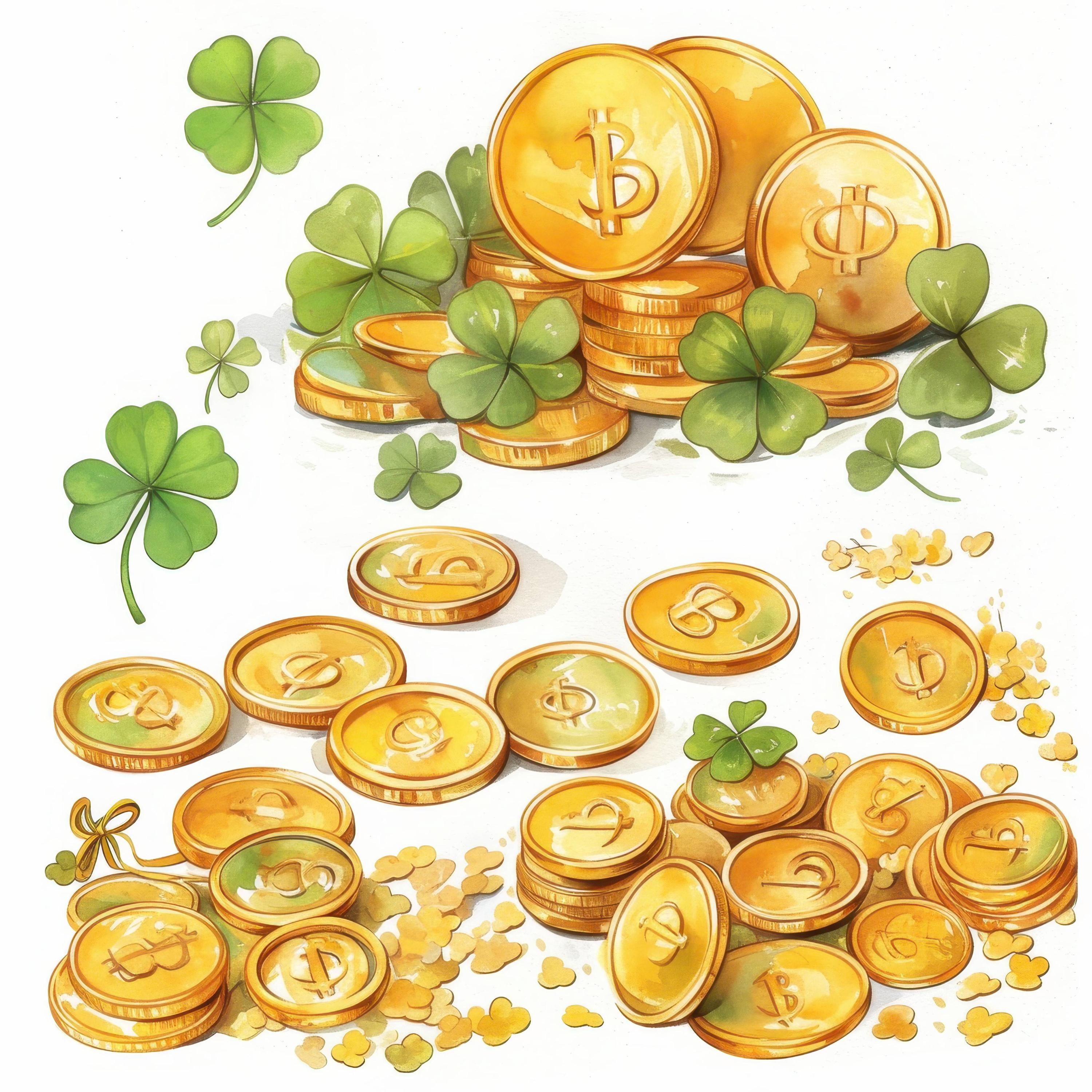 14 Clover and Gold Coin Clipart Bundle, Lucky Charm Illustration ...