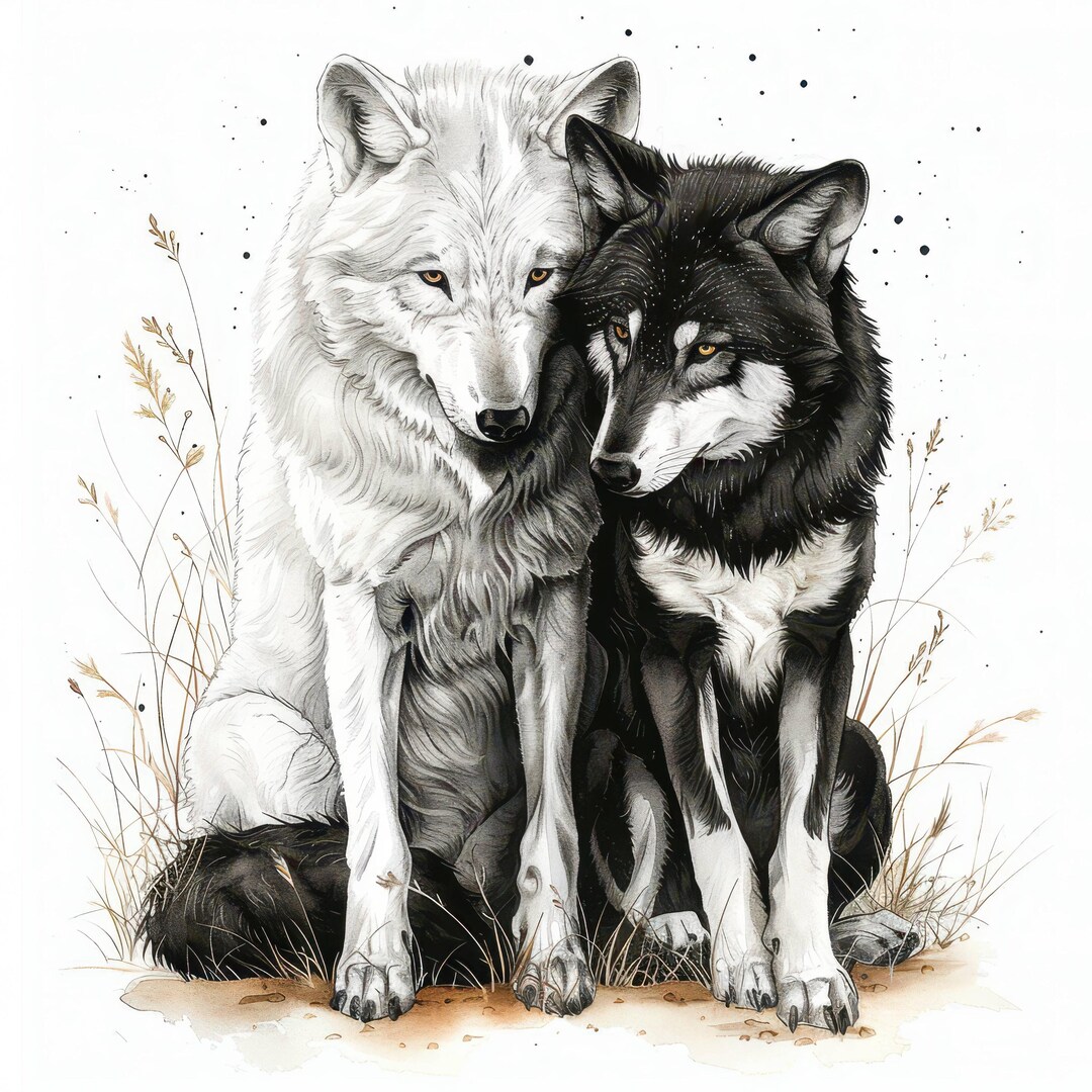 11 Wolf Duo Clipart Bundle, Black and White Animal Illustration ...