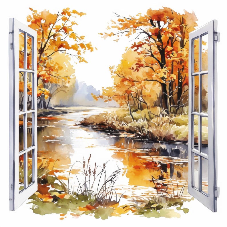 18 Window Autumn View Clipart Bundle, Cozy Fall Scenery Illustration ...