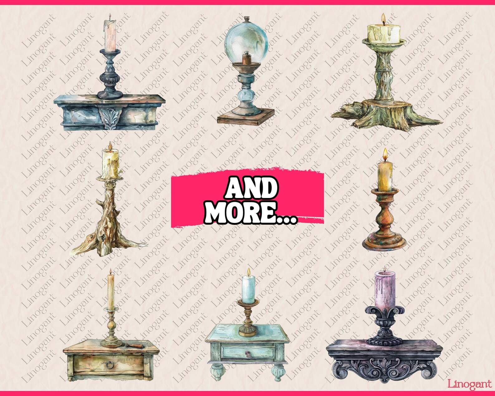 Watercolor Victorian Candlestick Clipart Bundle, Retro Candle Stick ...