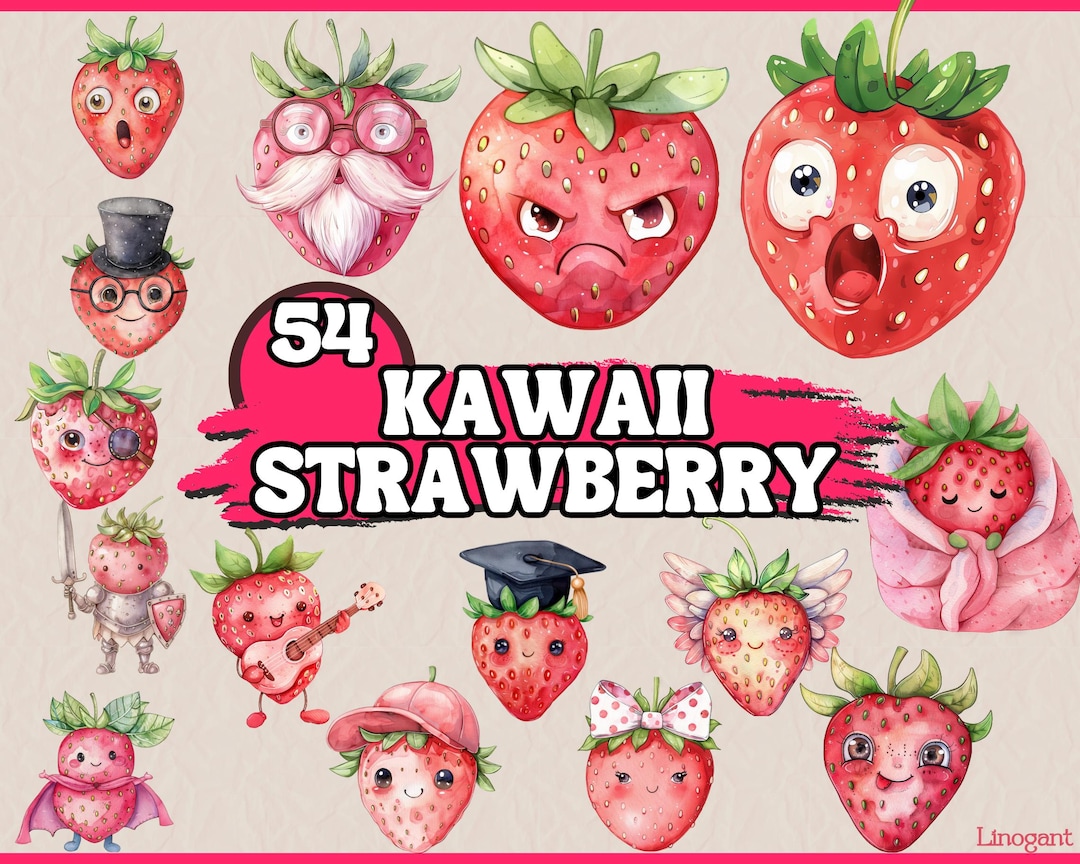 Watercolor Kawaii Strawberry Clipart Bundle, Cute Tropical Fruit Clip ...