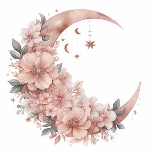 14 Boho Moon With Flowers Clipart Bundle, Floral Moon Illustration ...