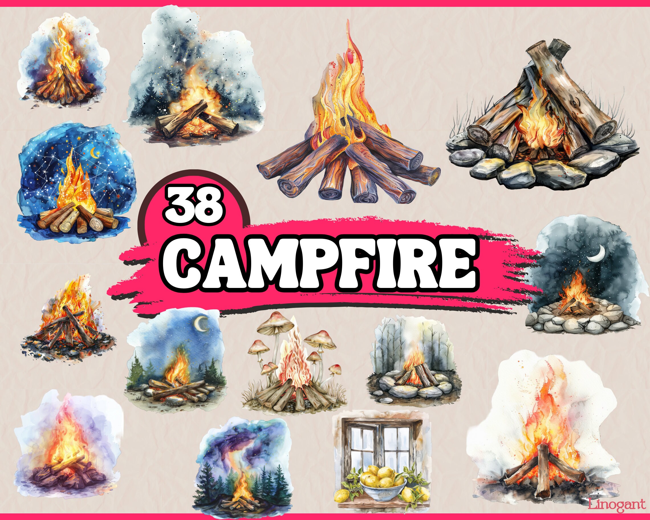 Watercolor Campfire Clipart Bundle, Camp Gear Clip Art Set, Camp Fire,bonfire PNG Graphics ...