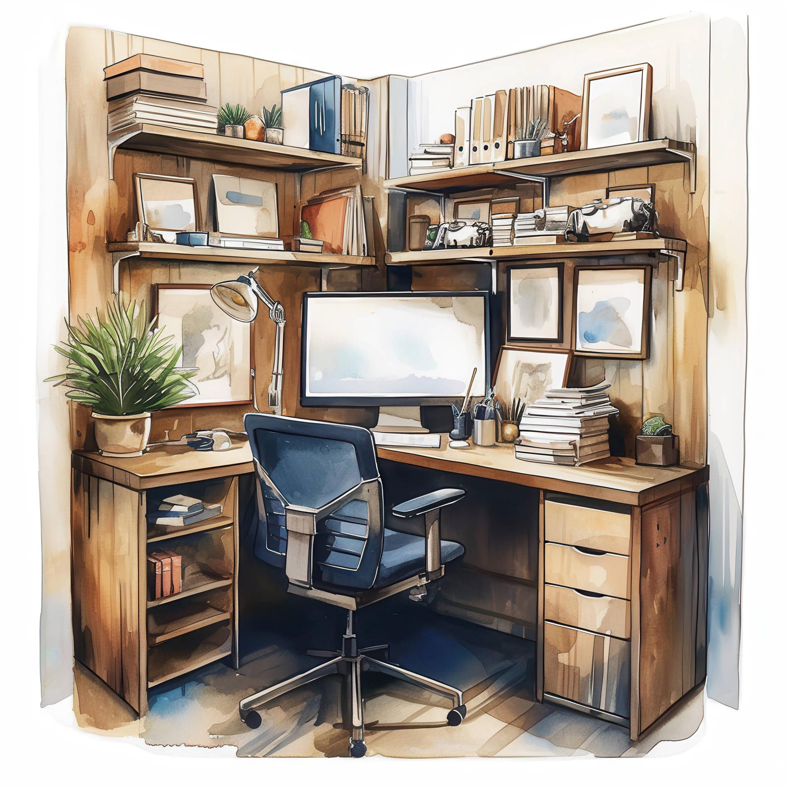 13 Office Work Clipart Bundle, Computer Desk Scene Illustration ...