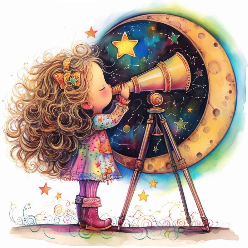 Whimsical Stargazer Girl Clip Art 10 High Res Watercolor Jpgs for Junk ...