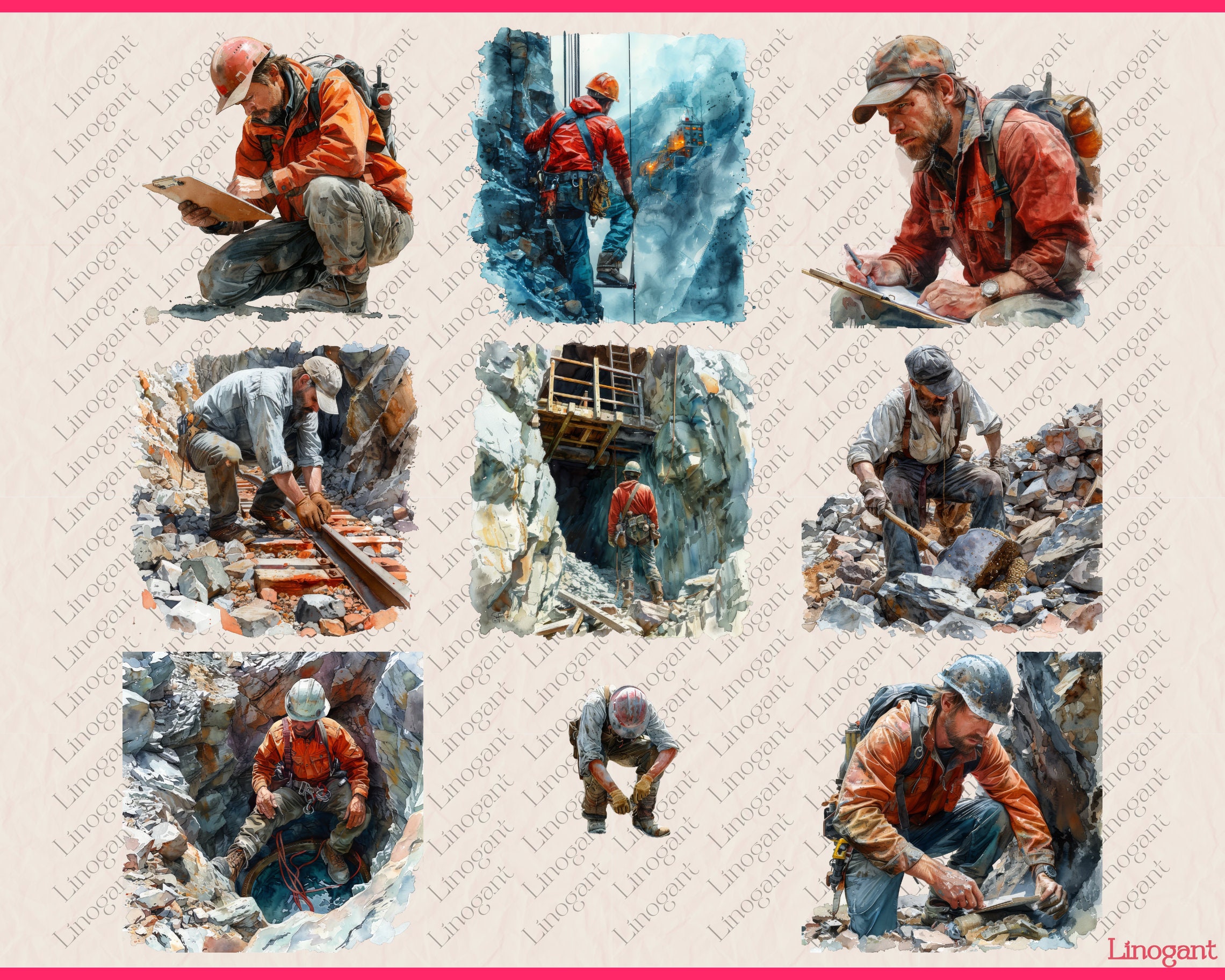 Watercolor Miners Clipart Bundle, Mining Clip Art Set, Gold Miner ...