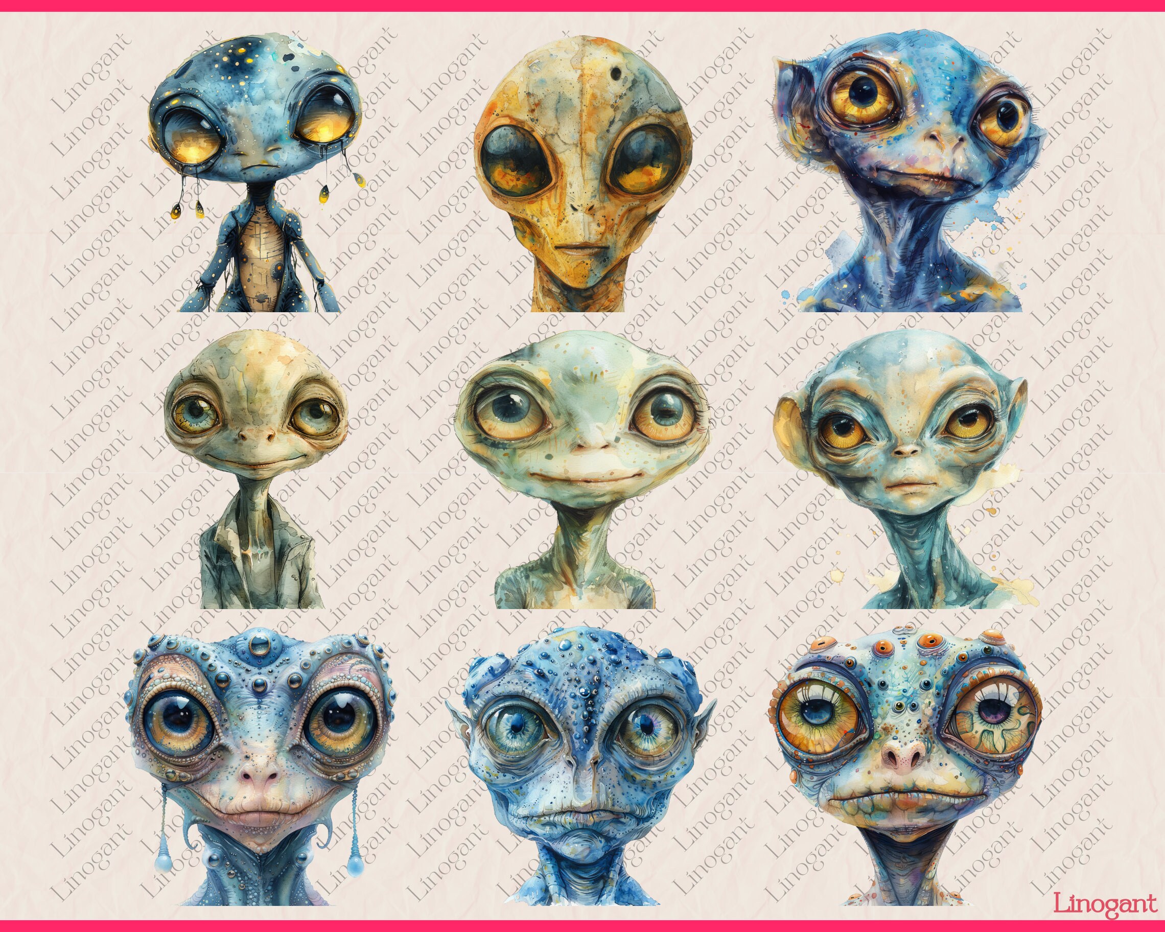 Watercolor Alien Portraits Clipart Bundle, Aliens Face Clip Art Set ...