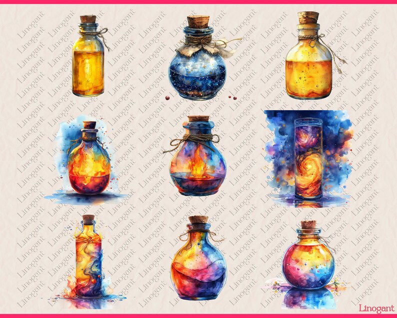 Watercolor Magical Potions Clipart Bundle, Flasks Clip Art Set, Fantasy ...