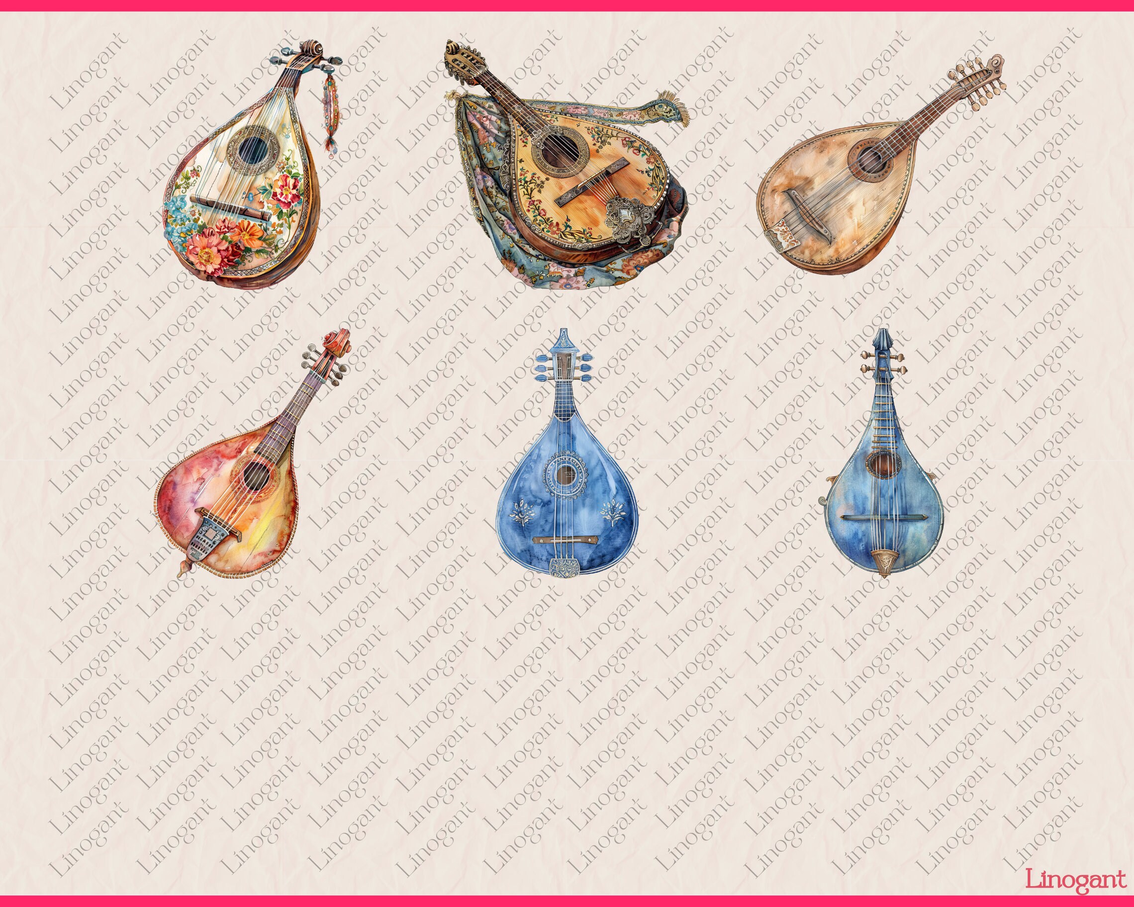 Watercolor Lute Clipart Bundle, String Musical Instruments Clip Art Set ...