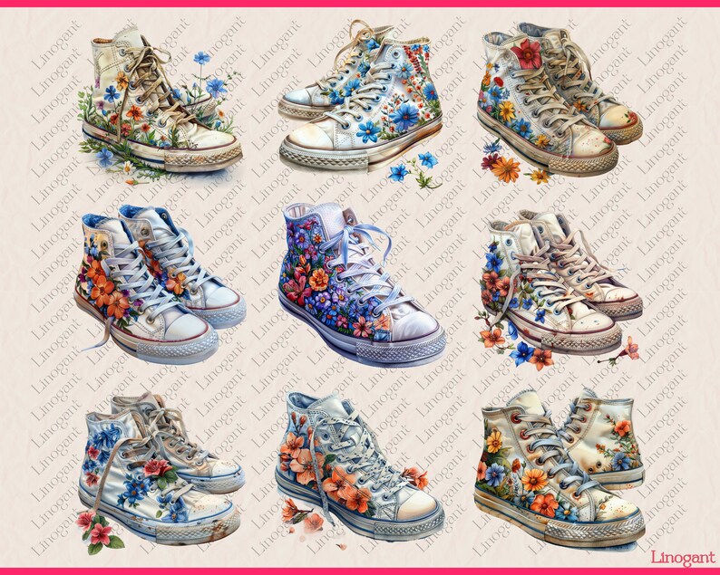 Watercolor Floral Sneakers Clipart Bundle, Flower Shoes Clip Art Set ...