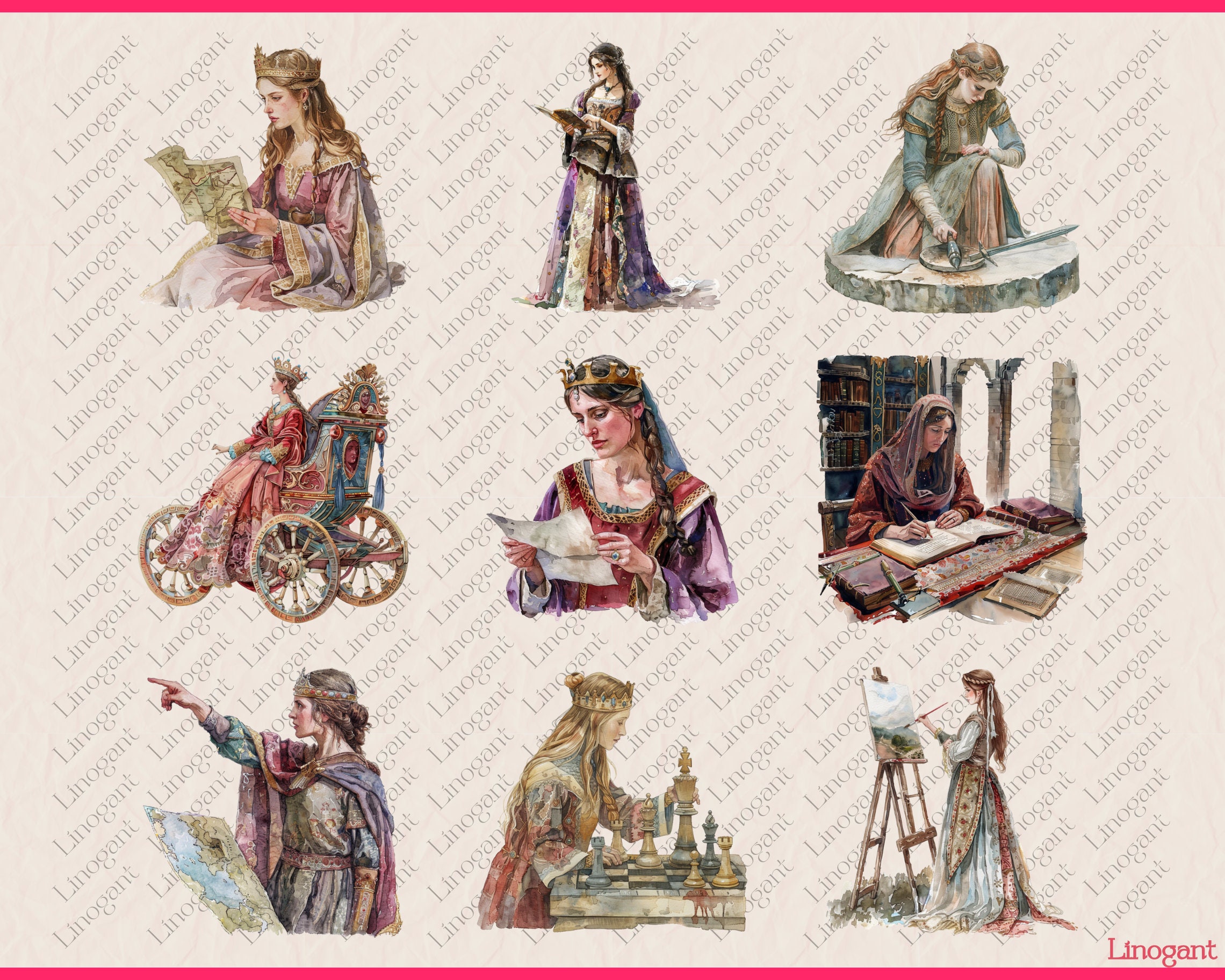 Watercolor Medieval Queen Clipart Bundle, Fantasy Middle Age Clip Art ...