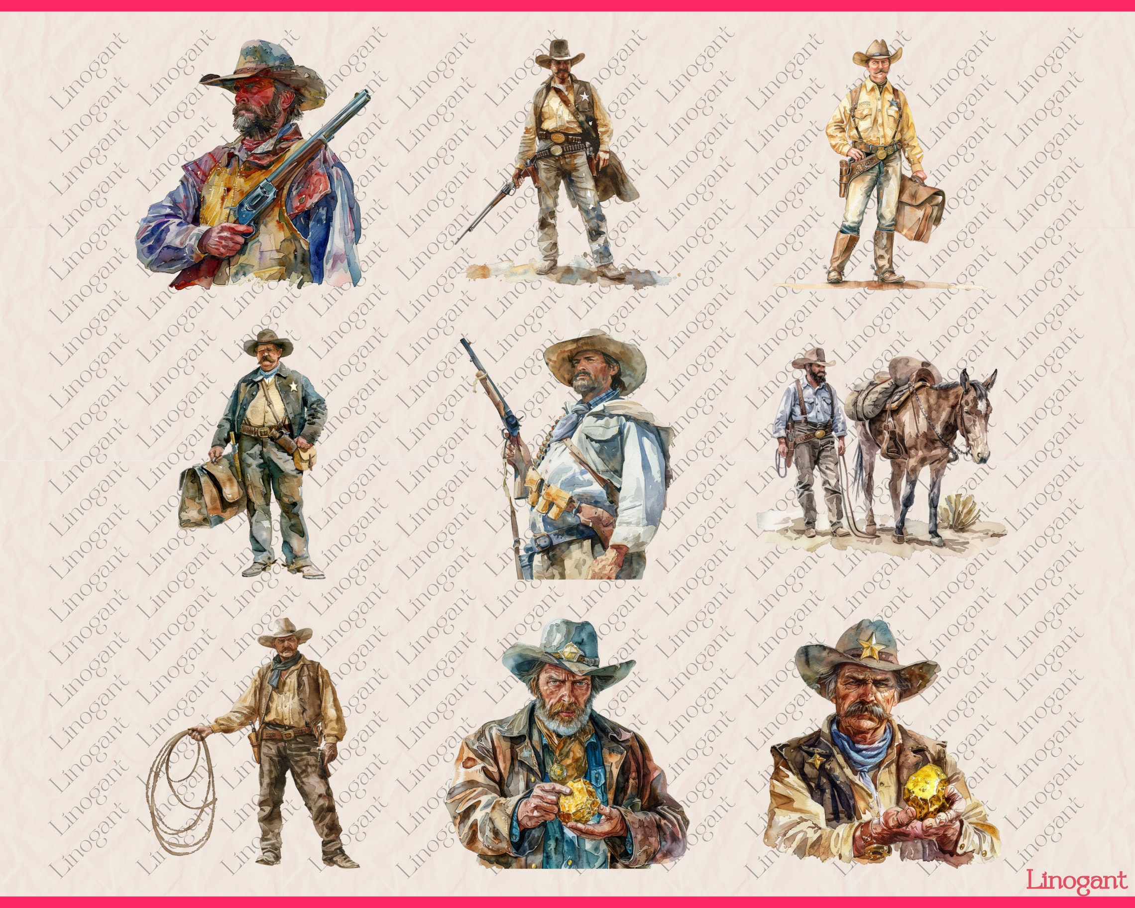 Watercolor Western Sheriff Clipart Bundle, Sheriff Riding Horse Clip ...