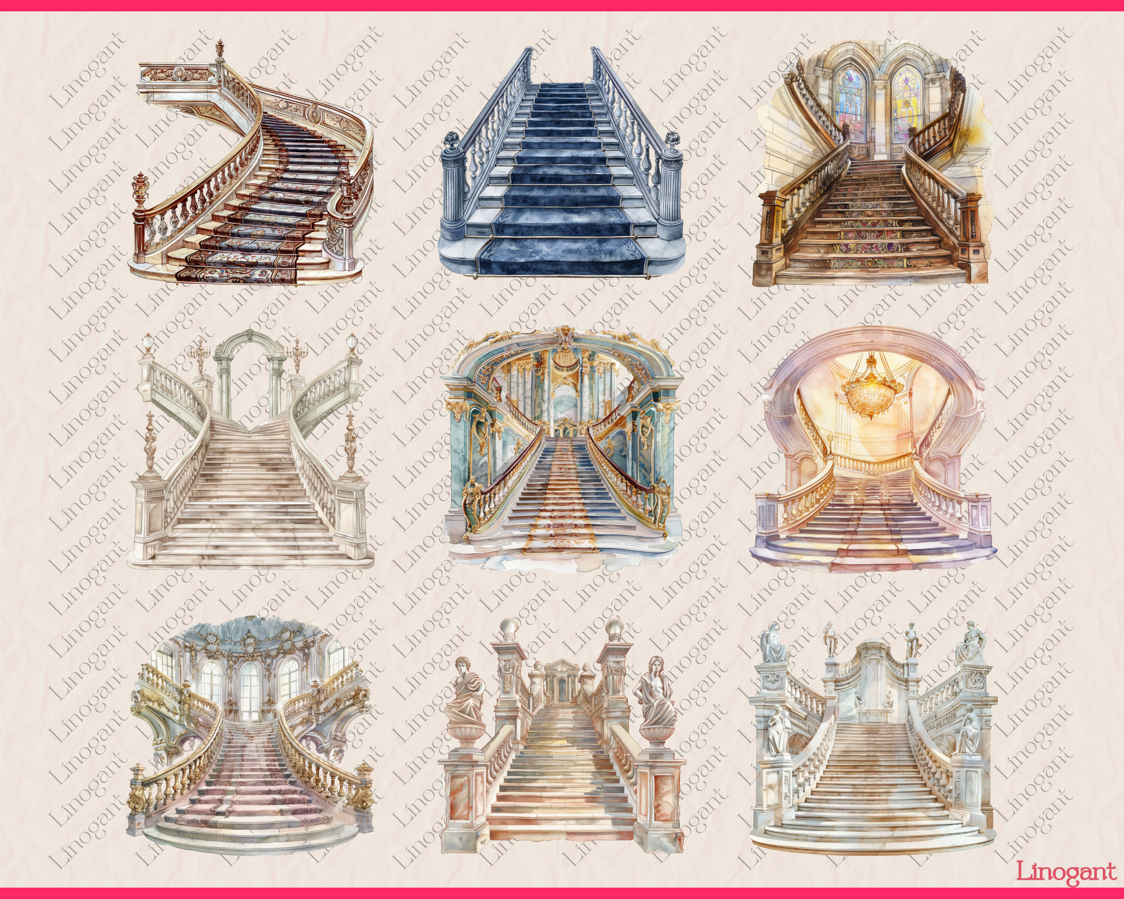 Watercolor Victorian Grand Staircase Clipart Bundle, Medieval Stair ...
