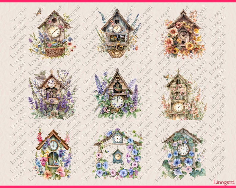Watercolor Floral Cuckoo Clock Clipart Bundle, Flower Clocks Clip Art ...
