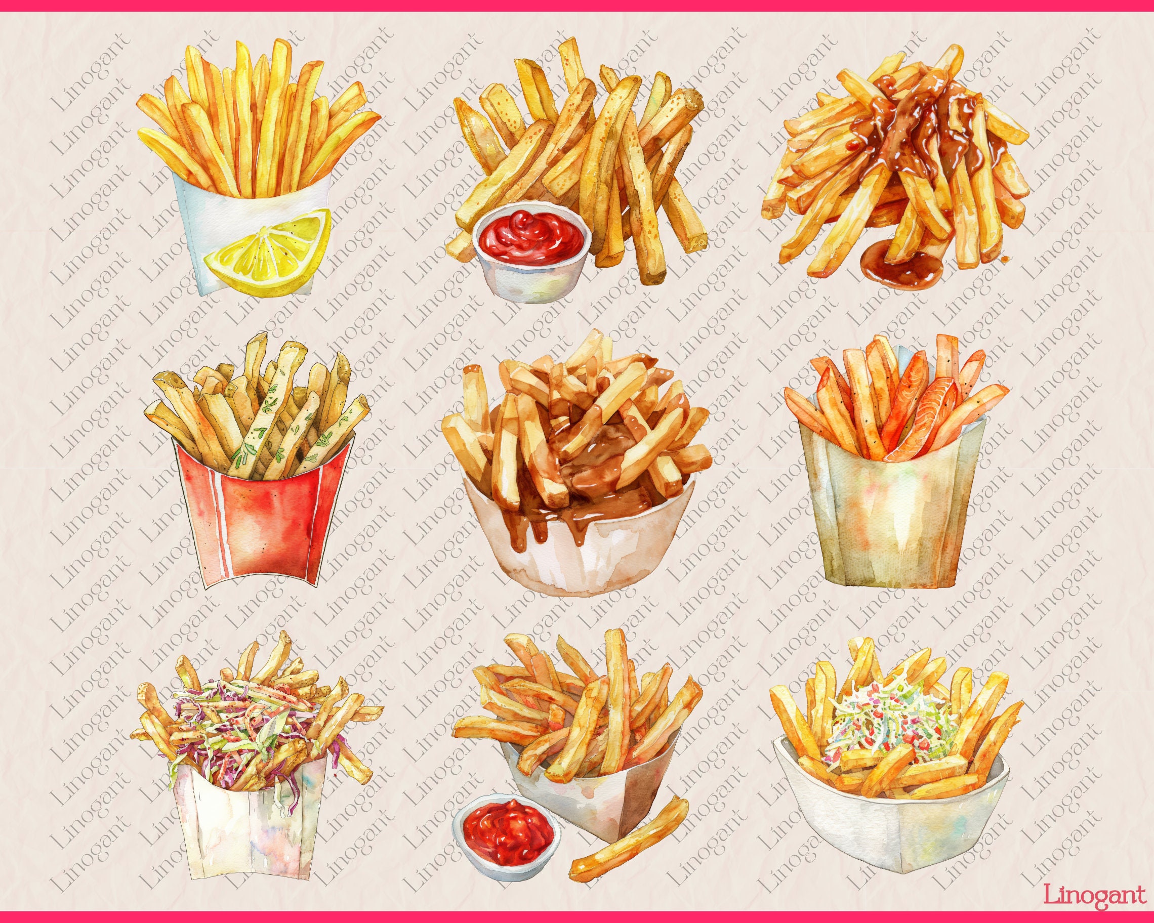 Watercolor French Fries Clipart Bundle, Fast Food Clip Art Set ...