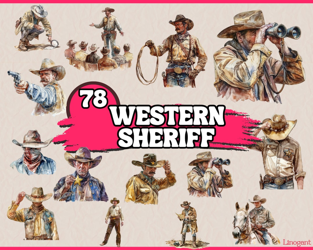 Watercolor Western Sheriff Clipart Bundle, Sheriff Riding Horse Clip ...