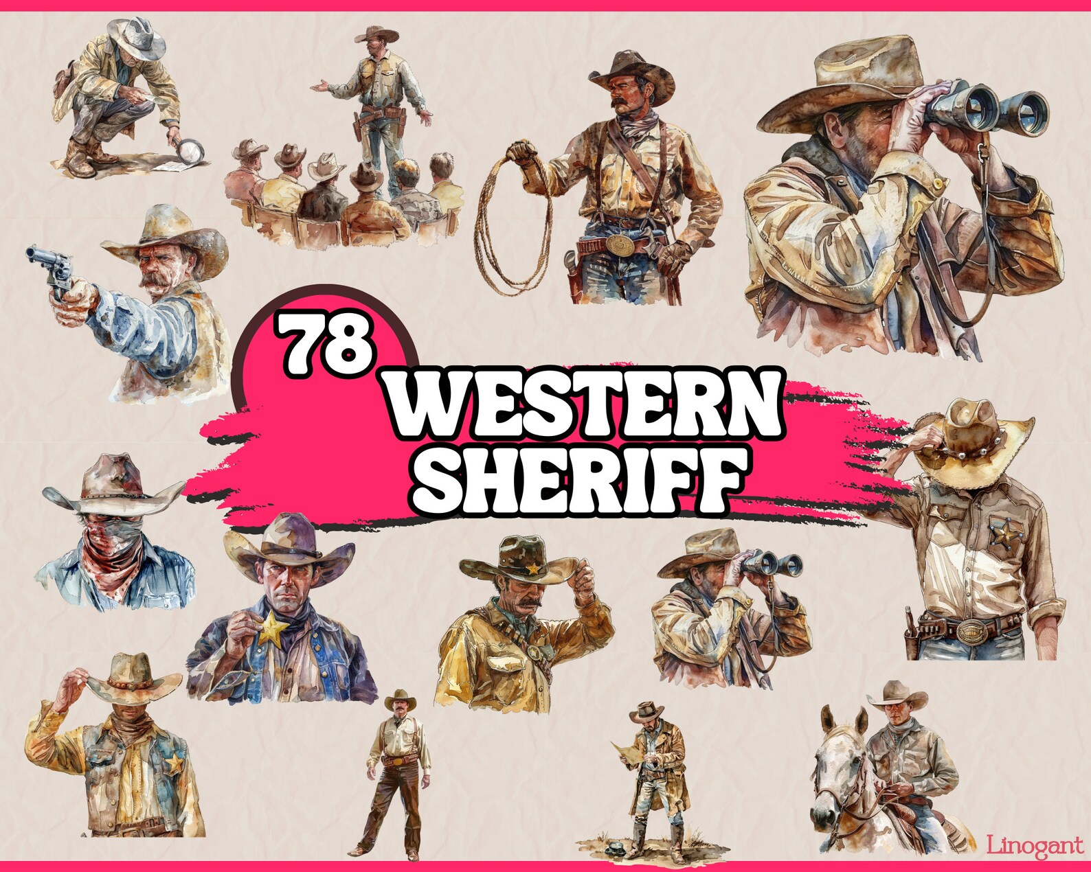 Watercolor Western Sheriff Clipart Bundle, Sheriff Riding Horse Clip ...
