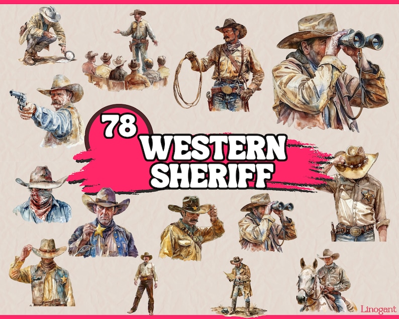 Watercolor Western Sheriff Clipart Bundle, Sheriff Riding Horse Clip ...