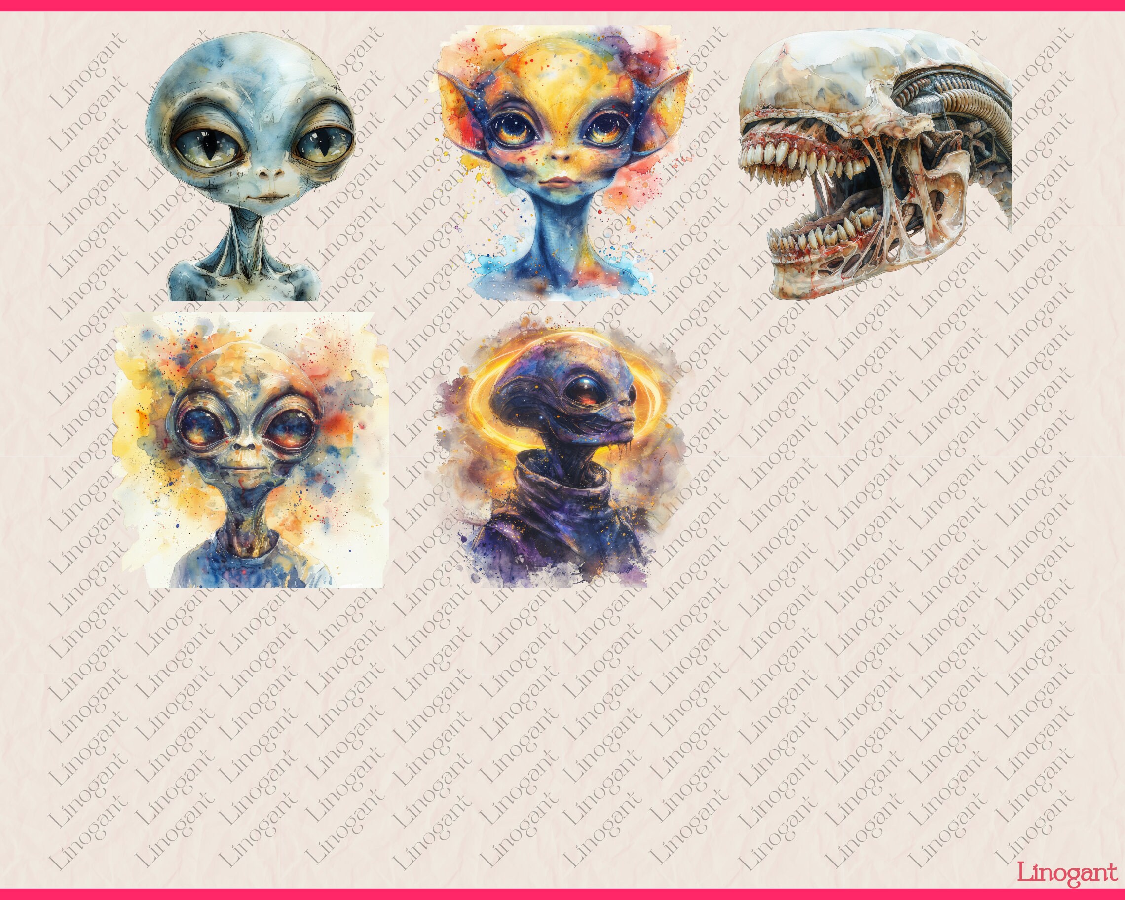 Watercolor Alien Portraits Clipart Bundle, Aliens Face Clip Art Set ...