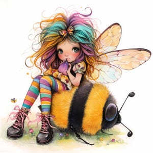 Quirky Girl Riding Bee Clip Art 11 High Res Watercolor Jpgs Junk ...