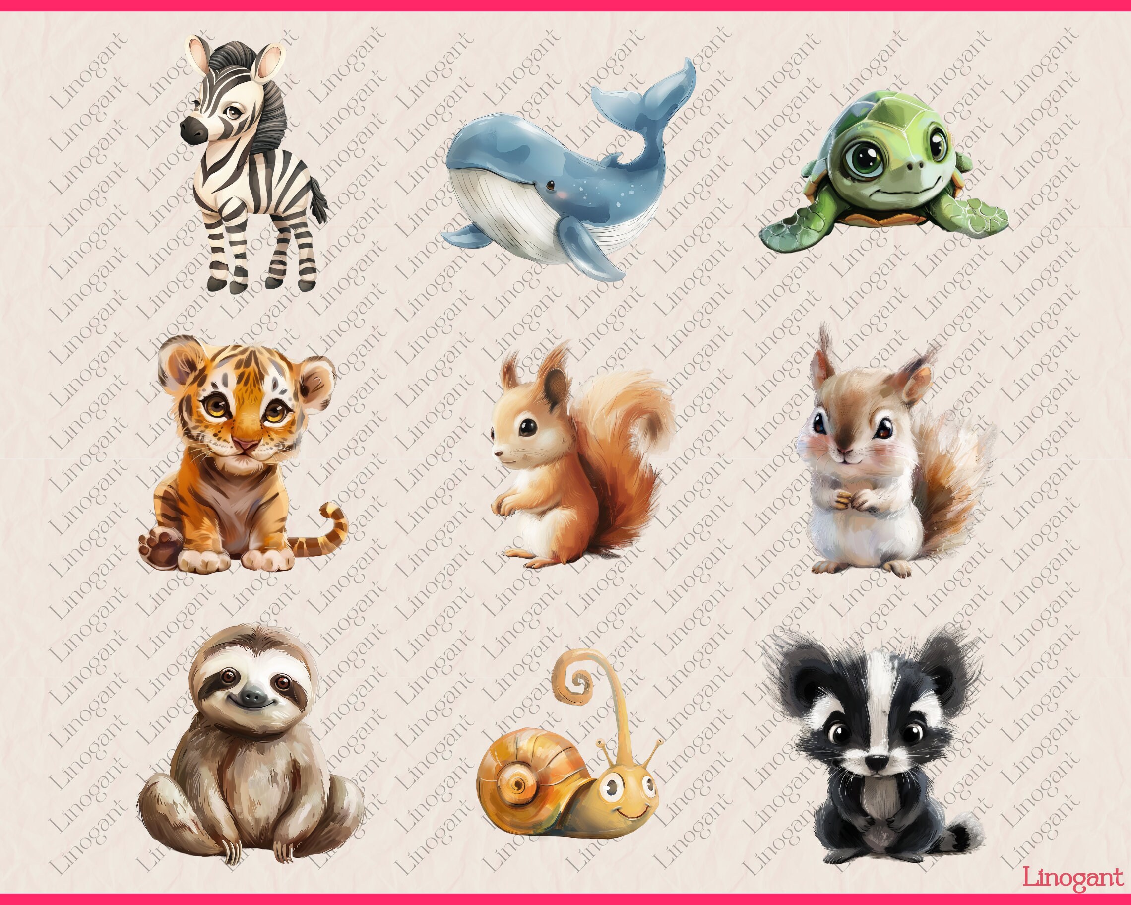 Watercolor Cute Baby Animal Clipart Bundle, Nursery Decor Clip Art Set ...