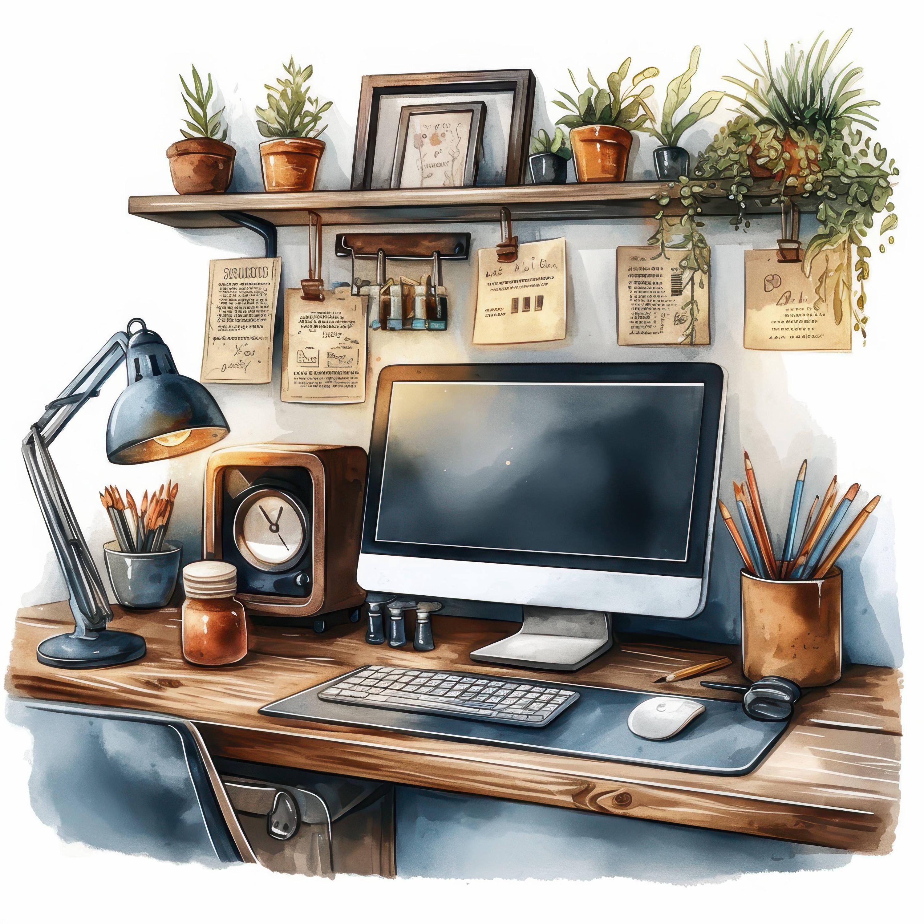 13 Office Work Clipart Bundle, Computer Desk Scene Illustration ...
