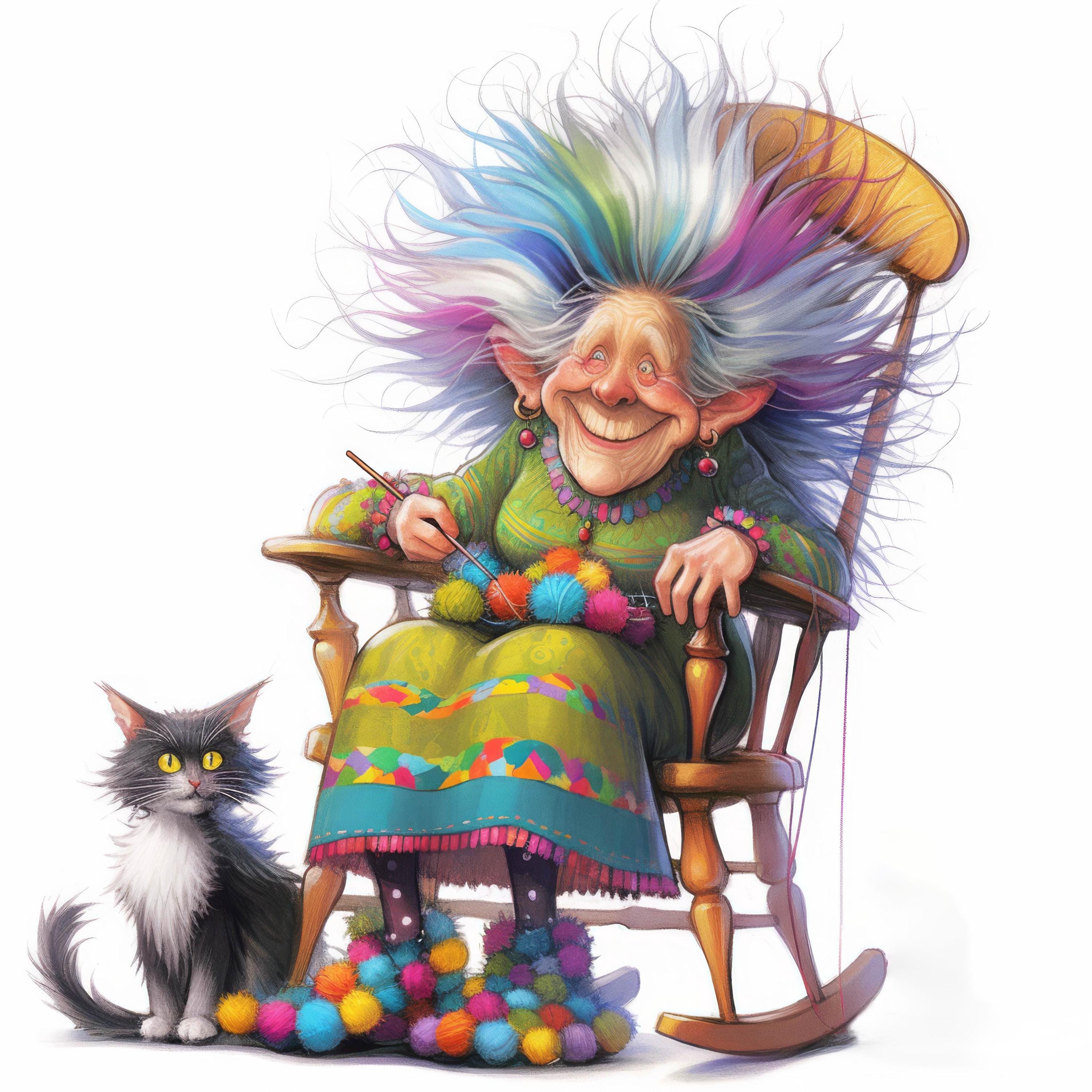 12 Quirky Old Woman and Cat on Rocking Chair Clipart Set in Watercolor ...