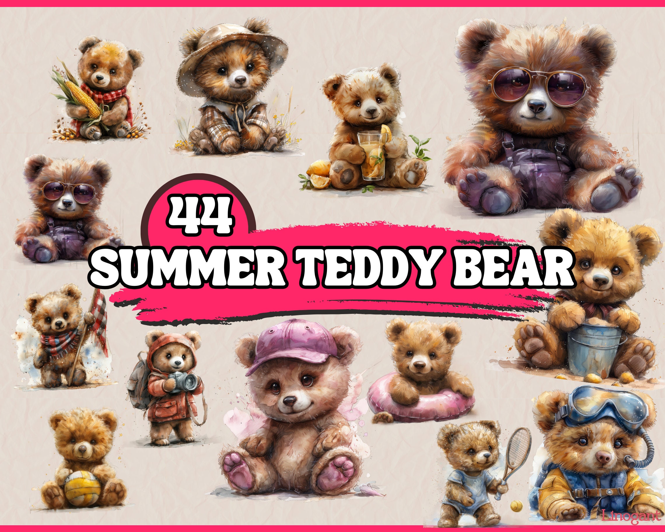 Watercolor Summer Teddy Bear Clipart Bundle, Summer Baby Bear Clip Art ...