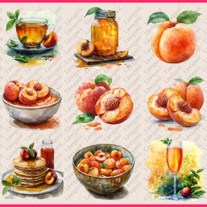 Watercolor Peach Clipart Bundle, Fruits Clip Art Set, Peach Cheese Cake ...