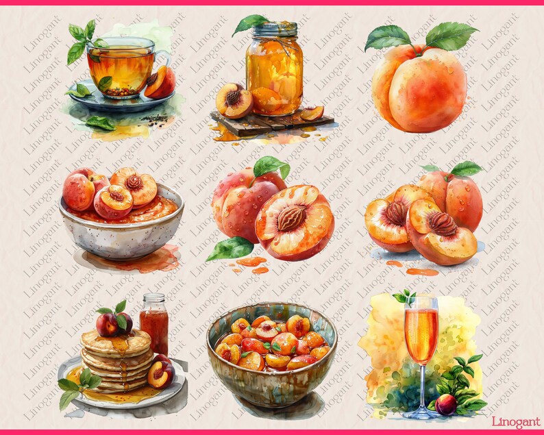 Watercolor Peach Clipart Bundle, Fruits Clip Art Set, Peach Cheese Cake ...