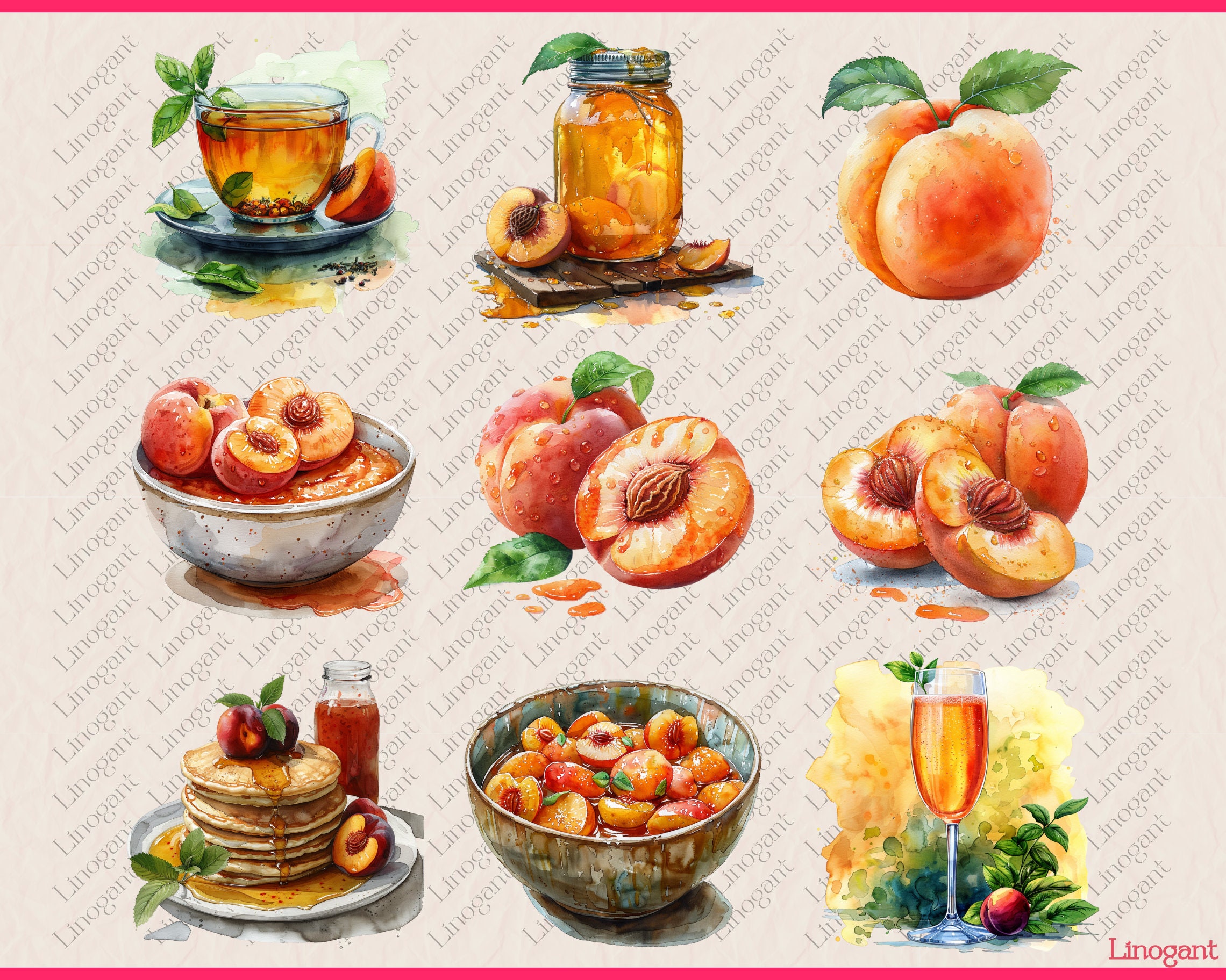 Watercolor Peach Clipart Bundle, Fruits Clip Art Set, Peach Cheese Cake ...