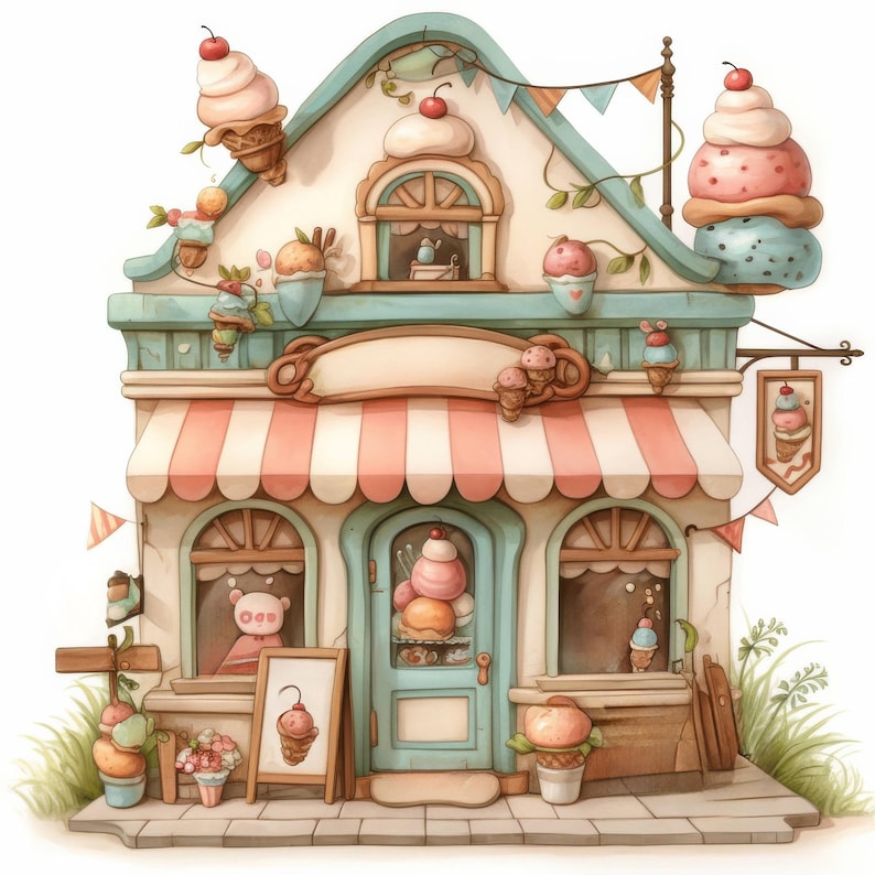 Ice Cream Shop Clip Art 14 High Res Watercolor Jpgs for Junk Journaling ...