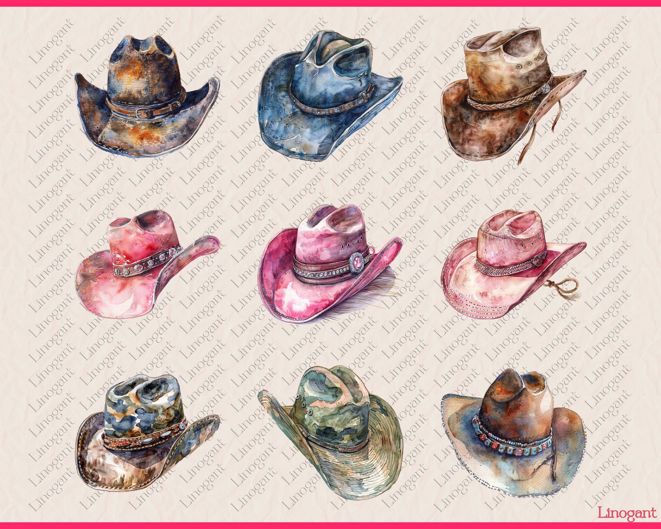 Watercolor Western Clipart Bundle, Rodeo, Sheriff, Cowboy, Cowgirl, Hat ...