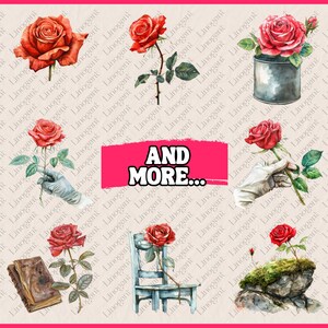 Watercolor Red Rose Objects Clipart Bundle, Floral Clip Art Set, Flower ...