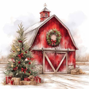 11 Christmas Red Barn Clipart Bundle, Festive Farm Scene Illustration ...