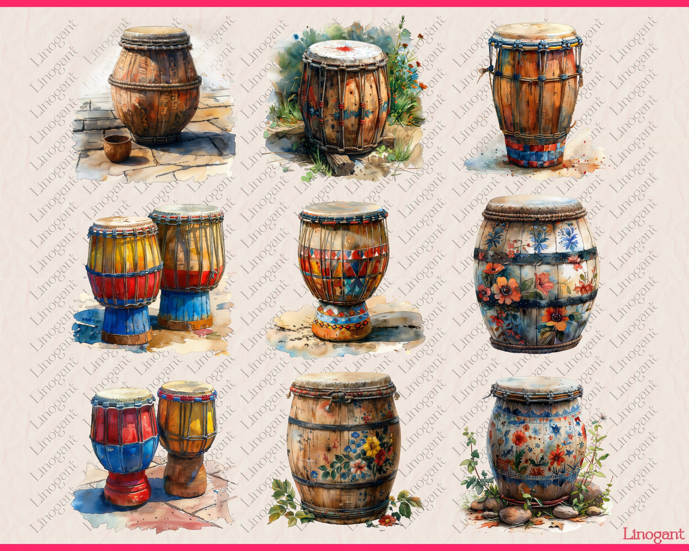Watercolor Tribal Drums Clipart Bundle, African Drums Clip Art Set ...