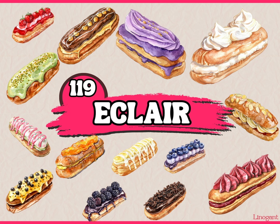 Watercolor Eclair Clipart Bundle, Delicious Clip Art Set, Dessert PNG ...