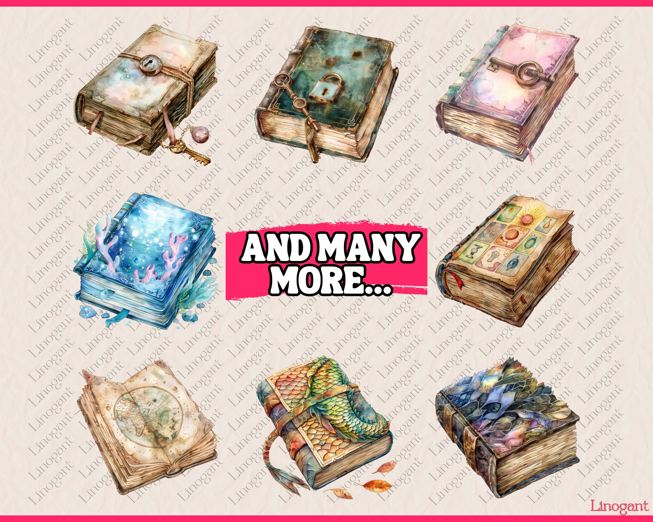 Watercolor Magical Book Clipart Bundle, Grimoires Clip Art Set, Fantasy ...