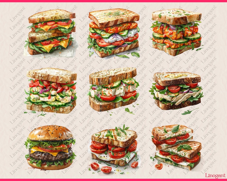 Watercolor Sandwich Clipart Bundle, Breakfast Food Clip Art Set, Bakery ...