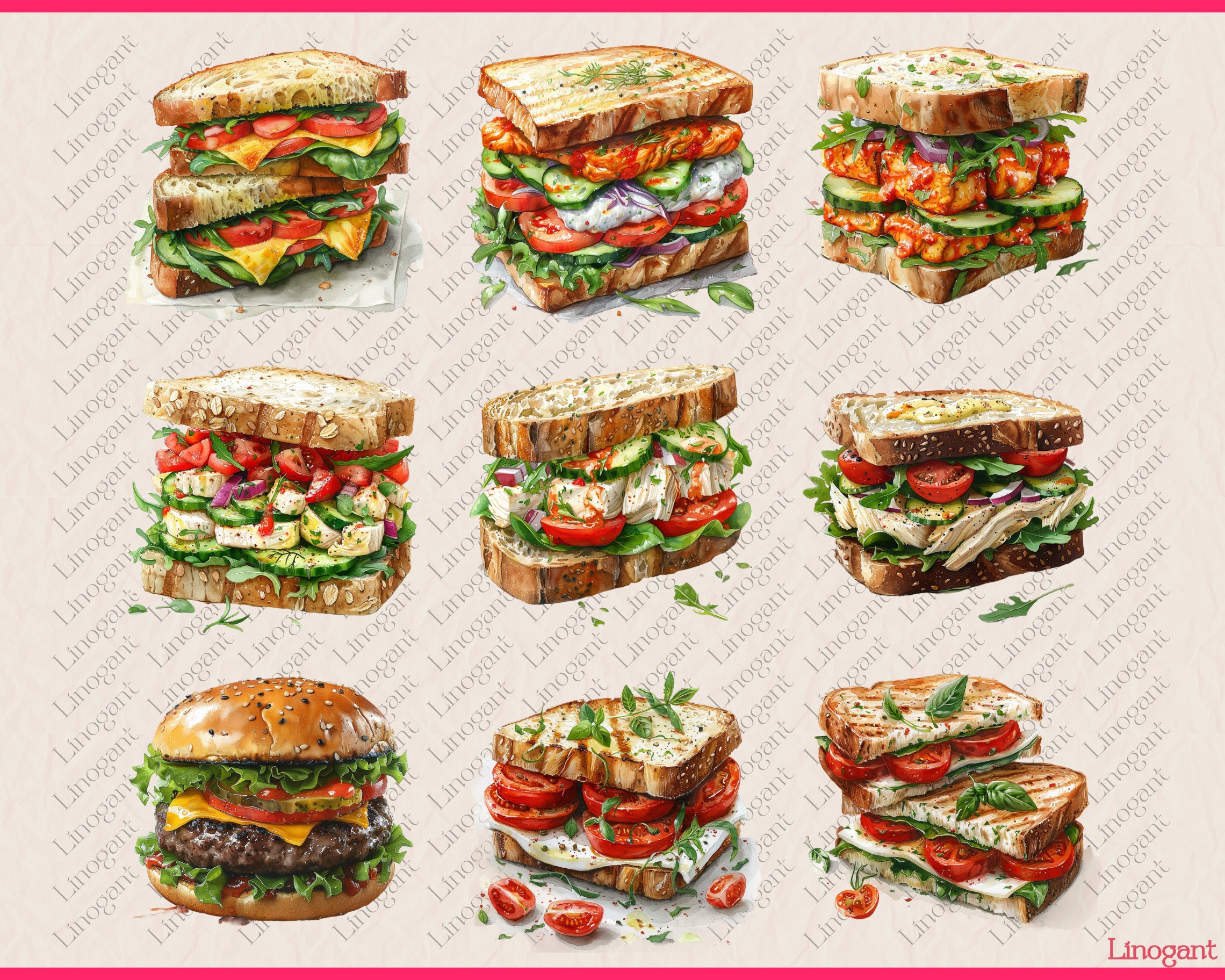 Watercolor Sandwich Clipart Bundle, Breakfast Food Clip Art Set, Bakery ...